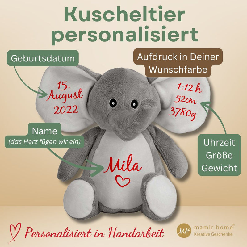 Kuscheltier personalisiert Baby – Elefant mit Name & Geburtsdaten ...