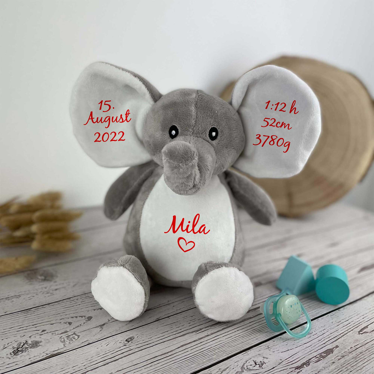 Kuscheltier personalisiert Baby – Elefant mit Name & Geburtsdaten ...